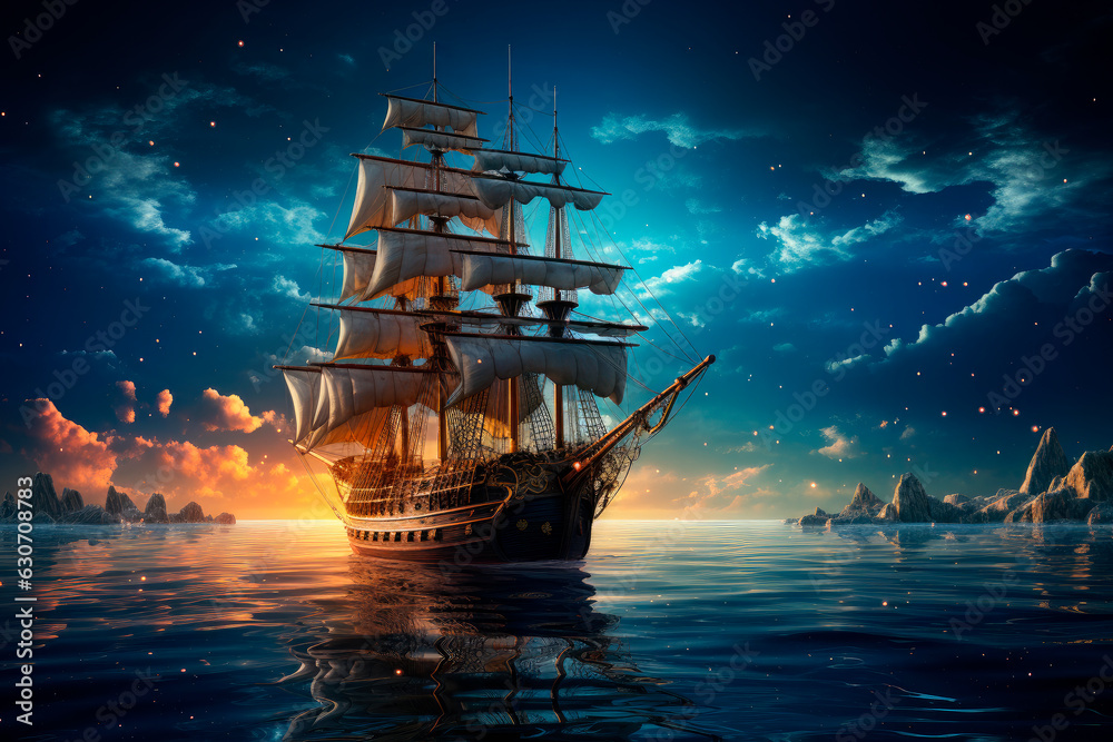 Ship floating on the waves with water splashes in front of bright night ...