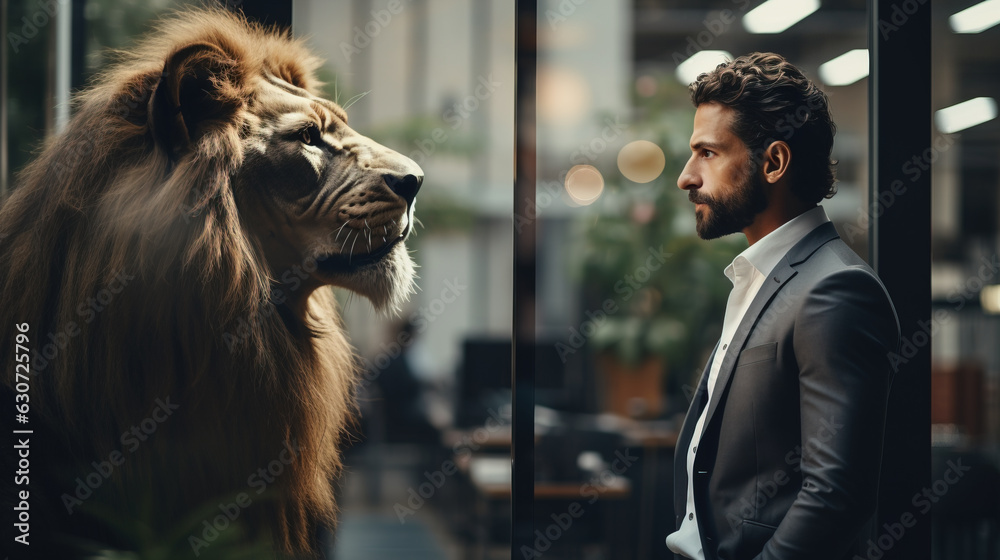 Fearless leader with man in suit standing face to face with a lion ...