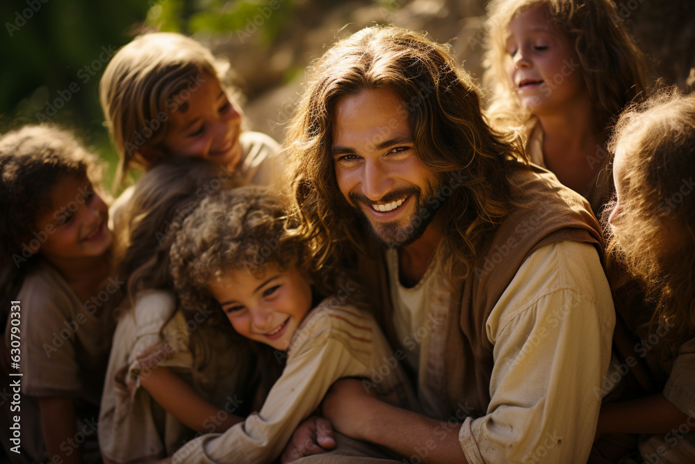 A heartwarming portrayal of Jesus with children gathered around him ...