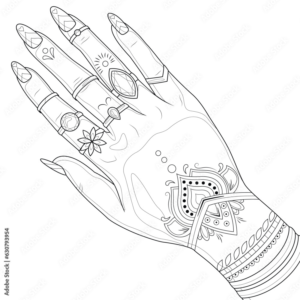 Indian woman's hand with jewelry and henna.Coloring page antistress for ...