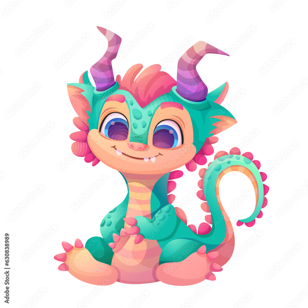 Cute fairy dragon, magic lizard with horns and big tail. Fantasy baby ...