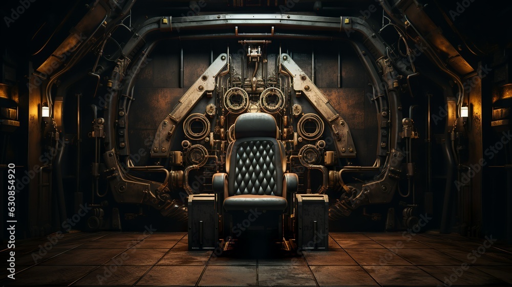 Dark dieselpunk theater screening room interior and chamber hall with ...