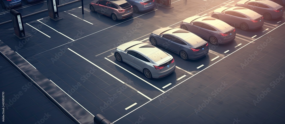 An aerial perspective from directly above shows rows of parking spaces ...