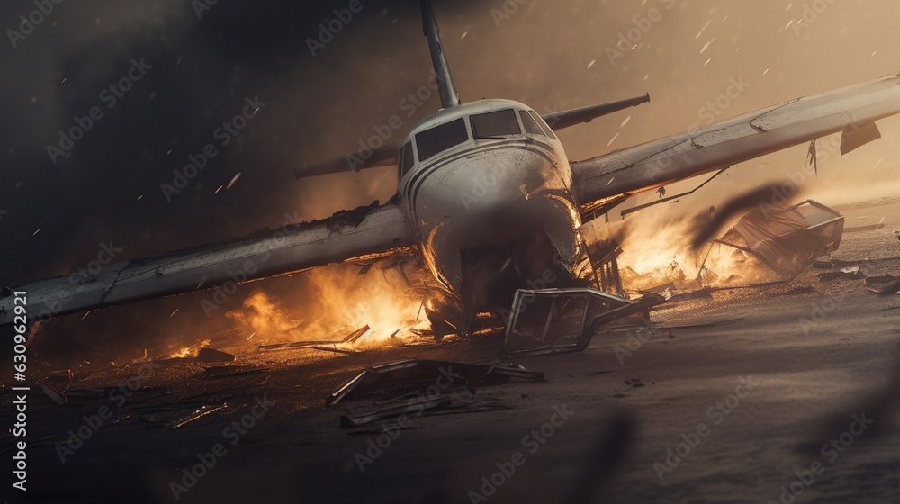 Dramatic illustration of aeroplane accident. Crashed and burnt air ...