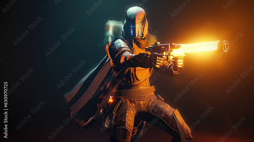 Sci-fi gaming character in futuristic suit aiming weapon,shooting gun ...