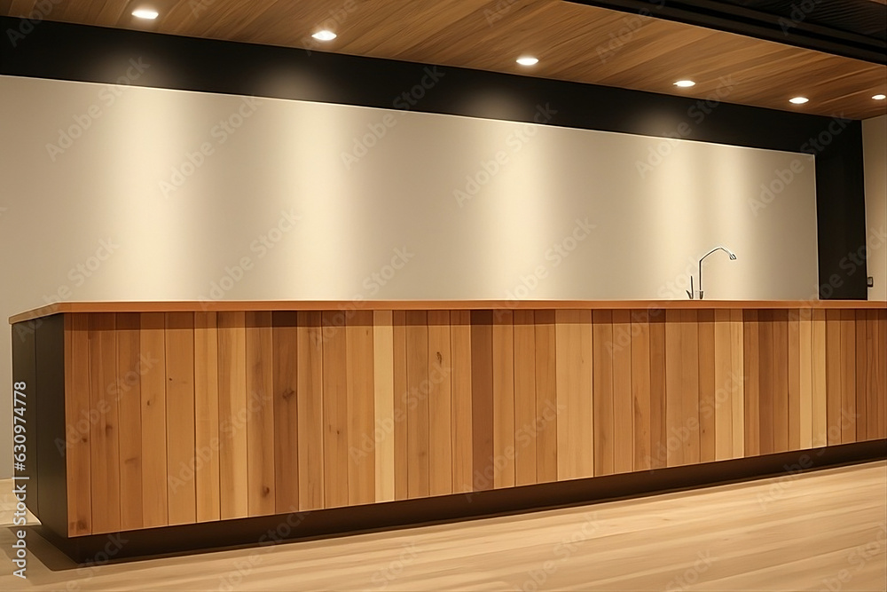 Mockup. White plain wall with backlight behind a natural wooden ...