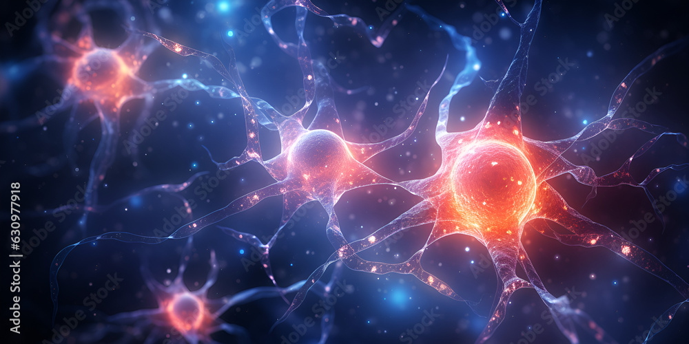 Nerve cell blue color banner, system neuron of brain with synapses ...