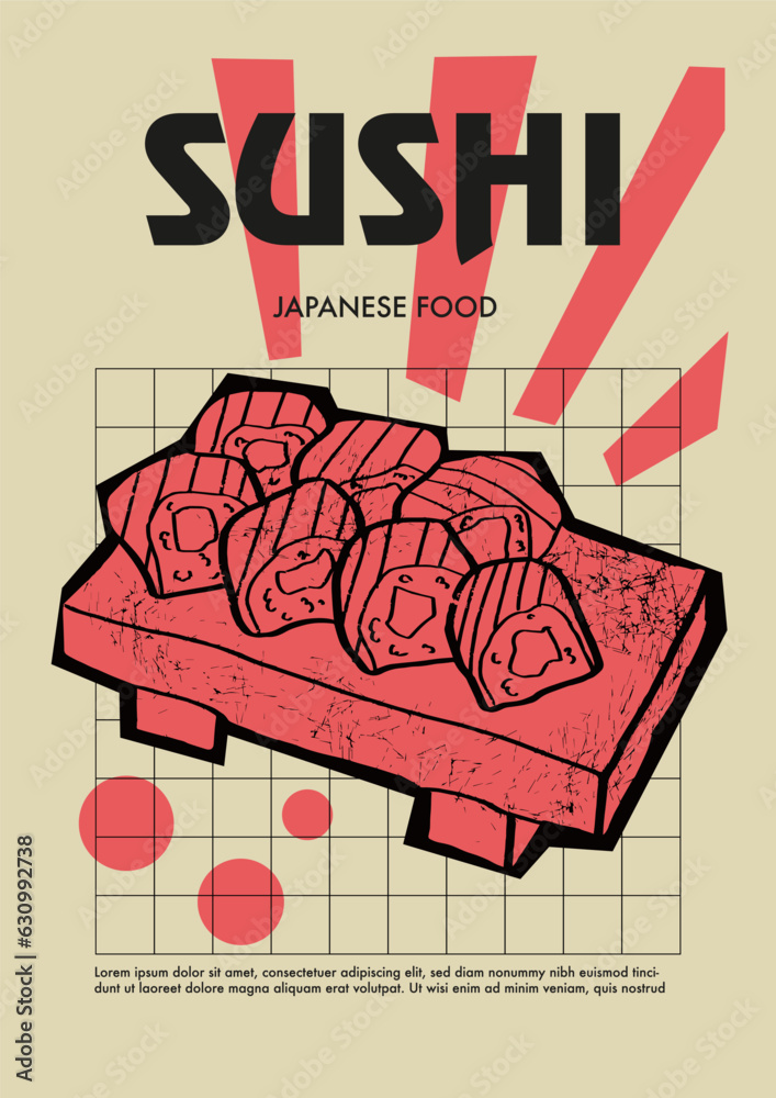 Japanese sushi. Price tag or poster design. Set of vector illustrations ...