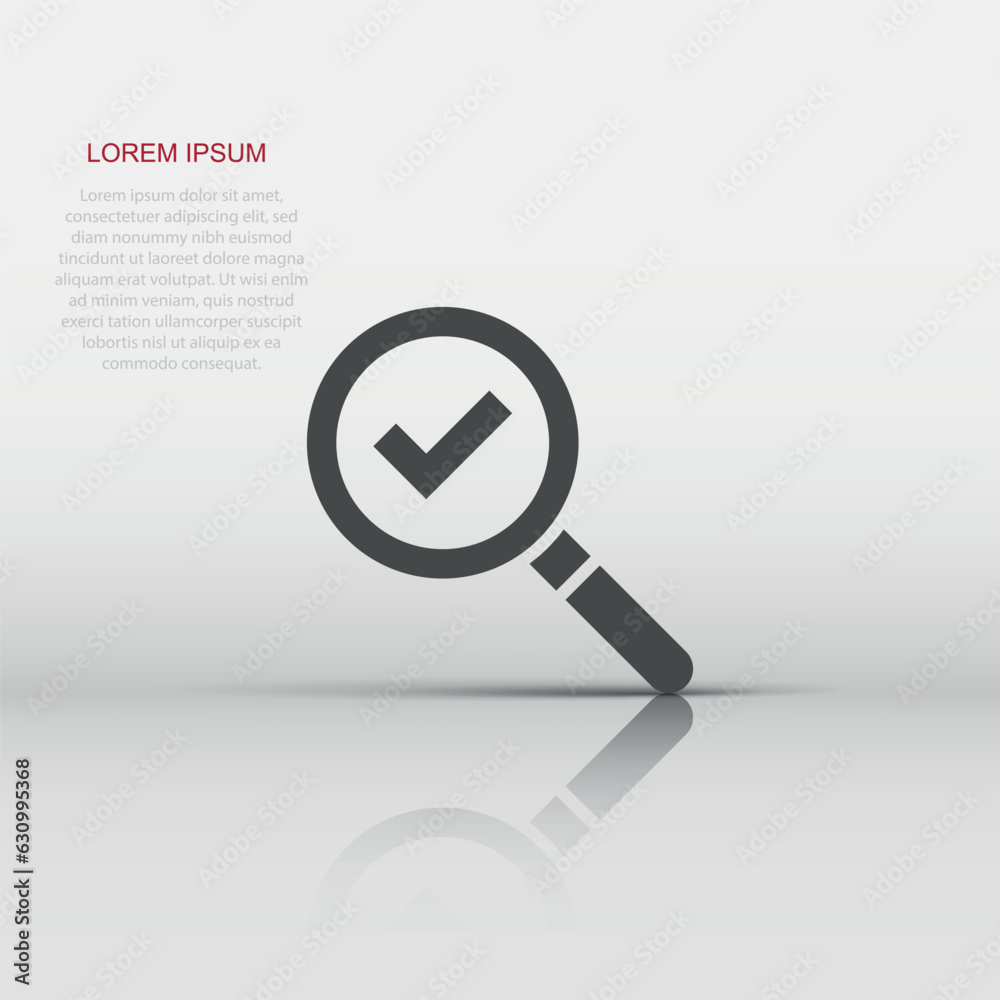 Vector de Stock Check mark with magnifying glass icon in flat style ...