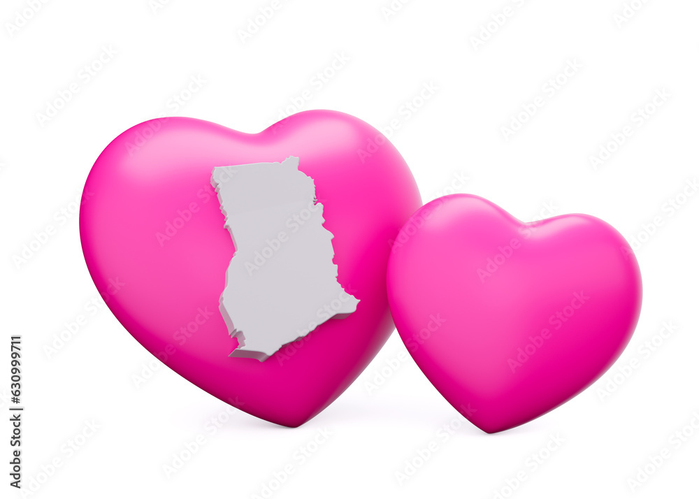 3d Shiny Pink Hearts With 3d White Map Of Ghana Isolated On White Background, 3d illustration ...