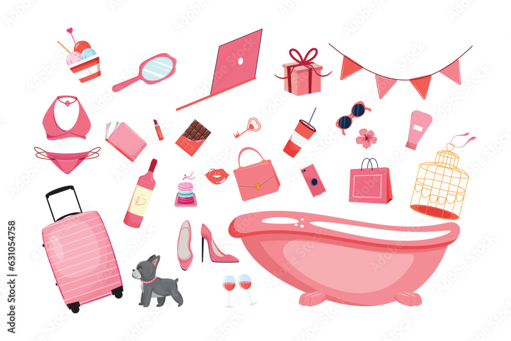 Flat cartoon collection of pink girly elements. Barbie items. Stock ...