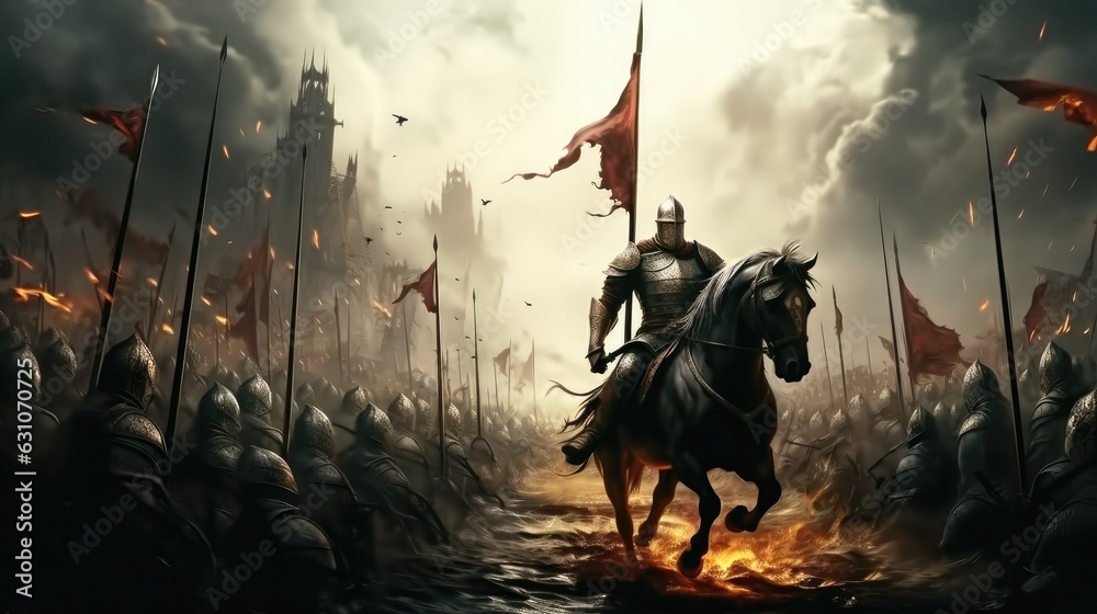 Knight in armor riding a horse on the battlefield, Fantasy medieval ...
