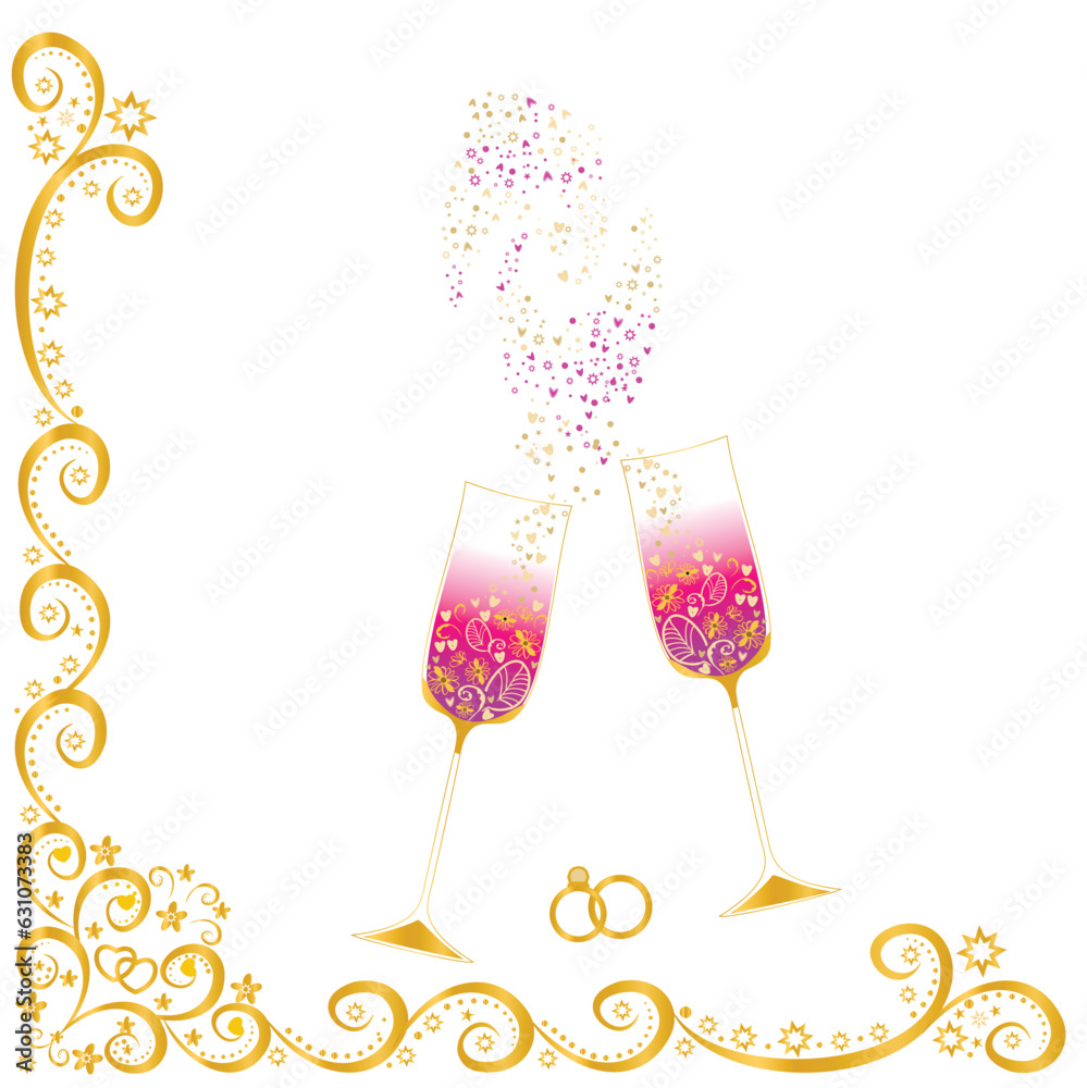 Champagne glasses with ornaments. Corner border with rings, hearts ...