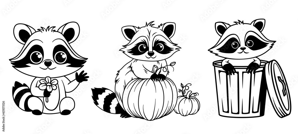 Set of three hand drawn cartoon raccoons. Outline SVG vector designs ...