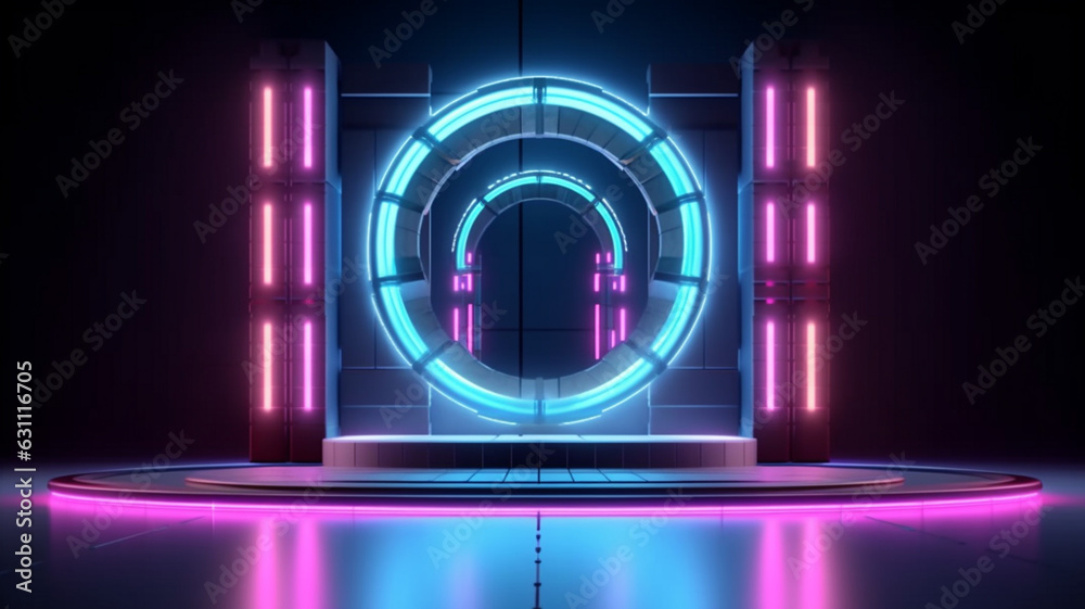 3D High-Tech Futuristic Stage Sci-Fi Neon Black Color Spaceship ...