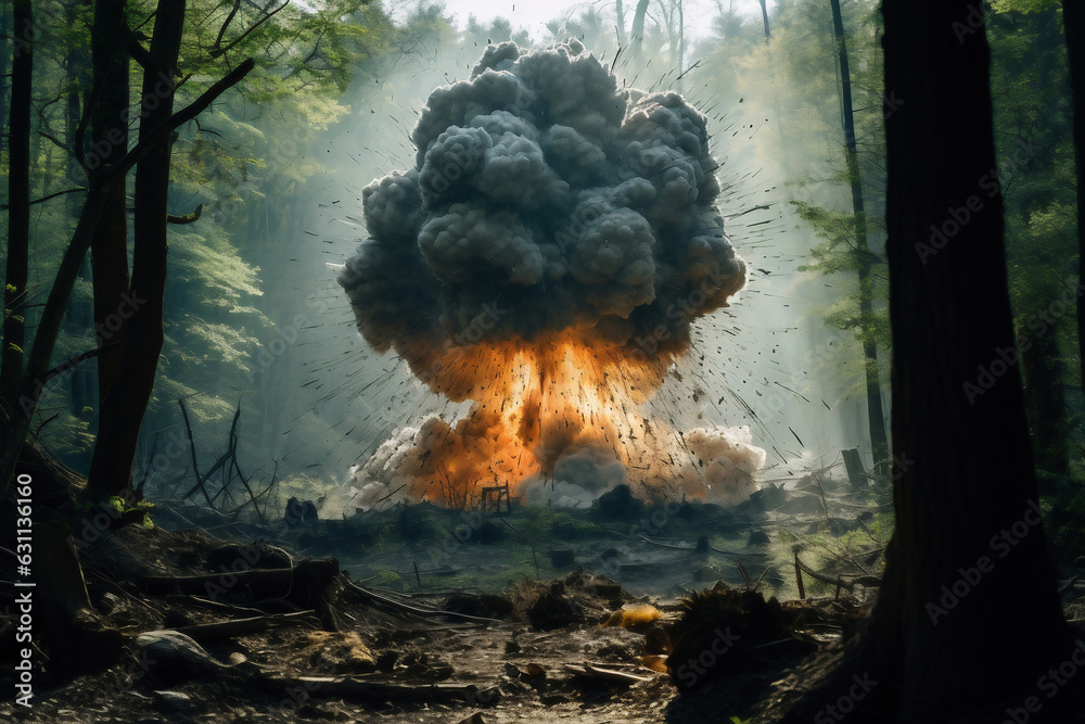 Powerful bomb explosion in the forest or taiga. Fallen trees fire and ...