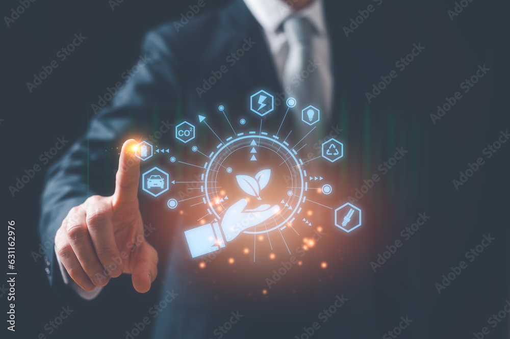 Hand touching CO2 reducing icon in concept of decrease carbon dioxide ...