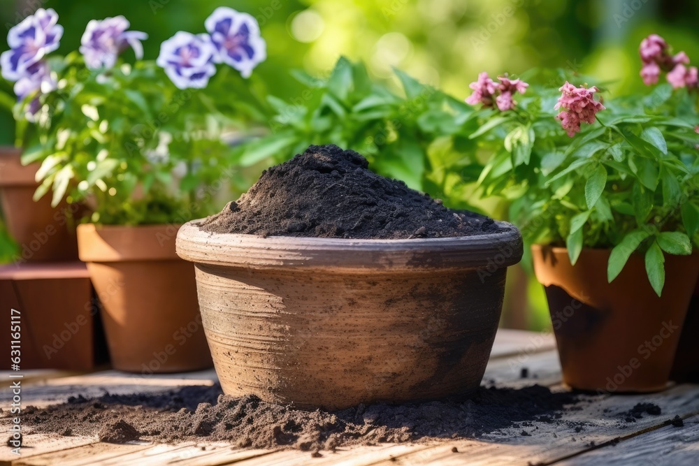 Biochar in a pot and flowers in clay pots with garden in the background ...