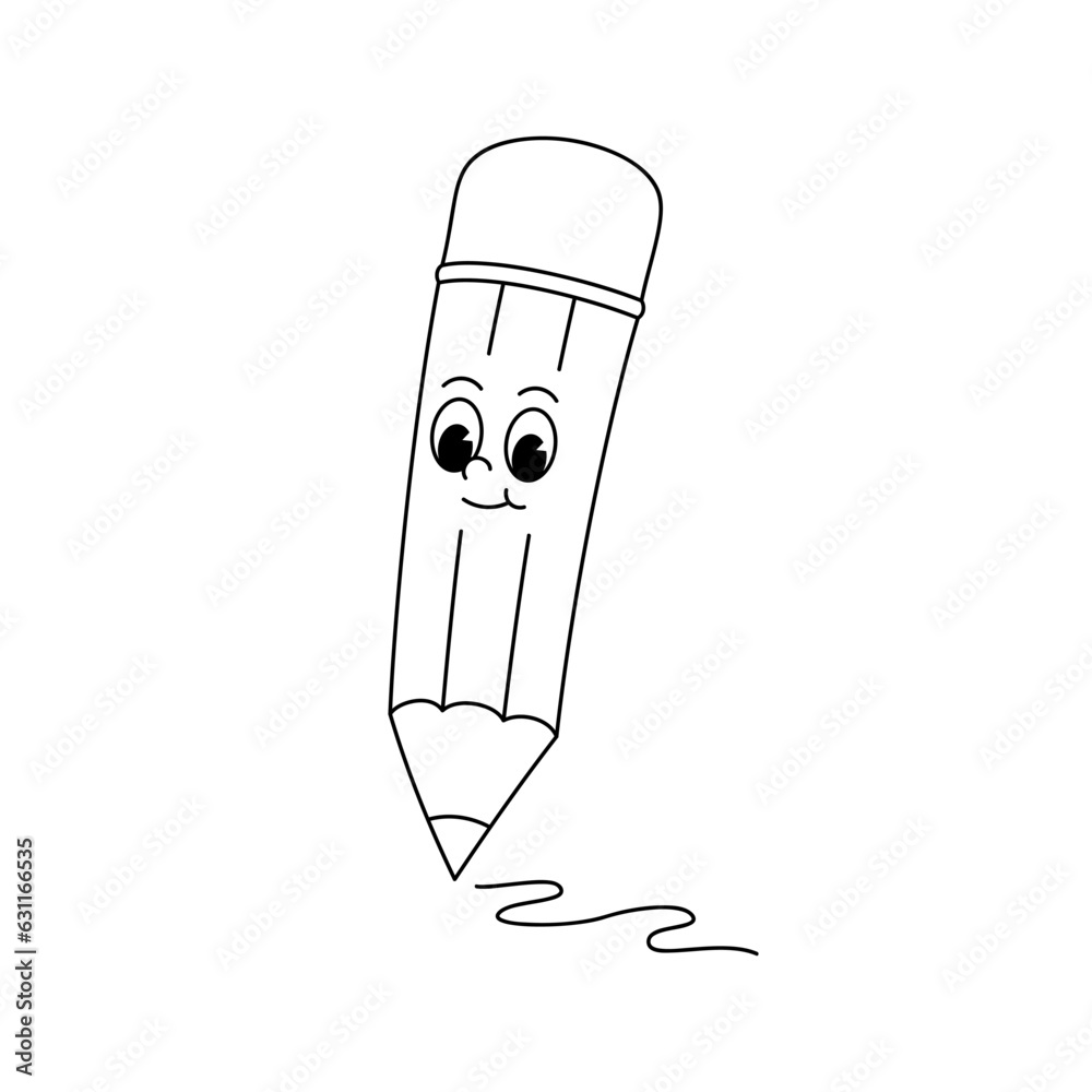 Vector cartoon retro mascot monochrome illustration of pencil. Vintage ...
