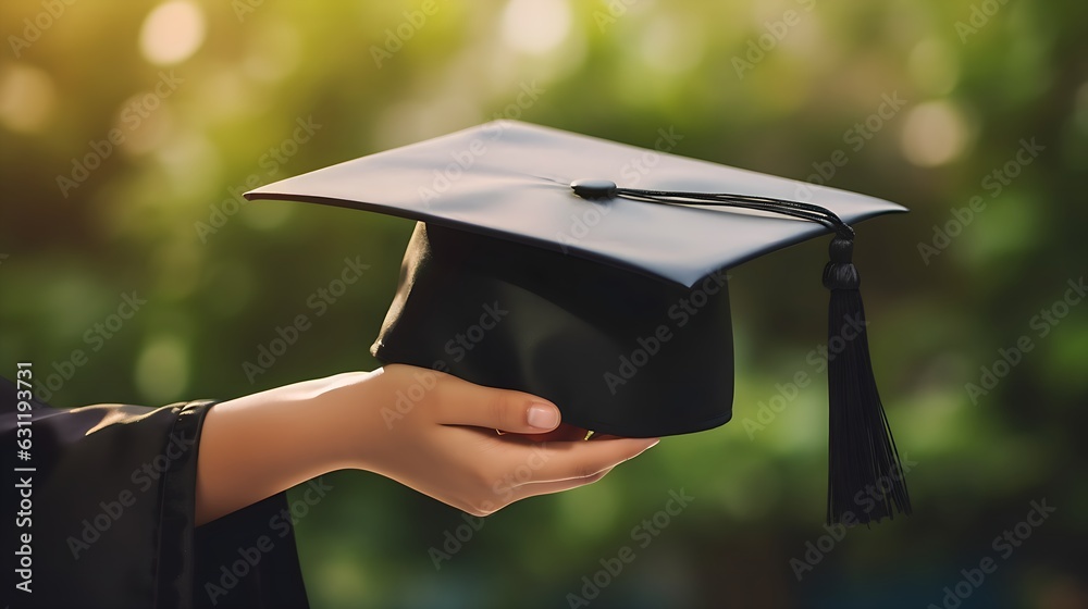 Hand holding graduation cap. Graduate is celebrating graduation put a ...