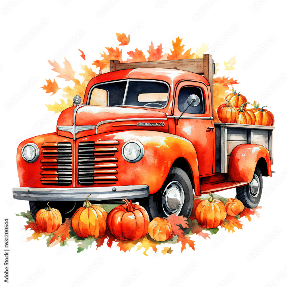 Red Truck with Pumpkins and Autumn leaves Watercolor Clipart isolated ...