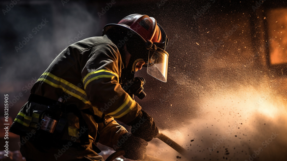 firefighter using a tool to ventilate smoke from a burning structure ...