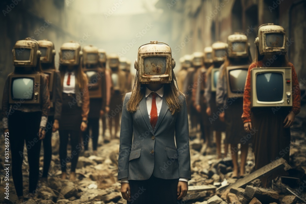 A chilling collage of human figures with retro TV heads, standing ...