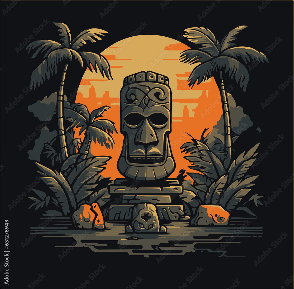 Tiki statue, with palm trees and palm trees, in the style of dark humor ...