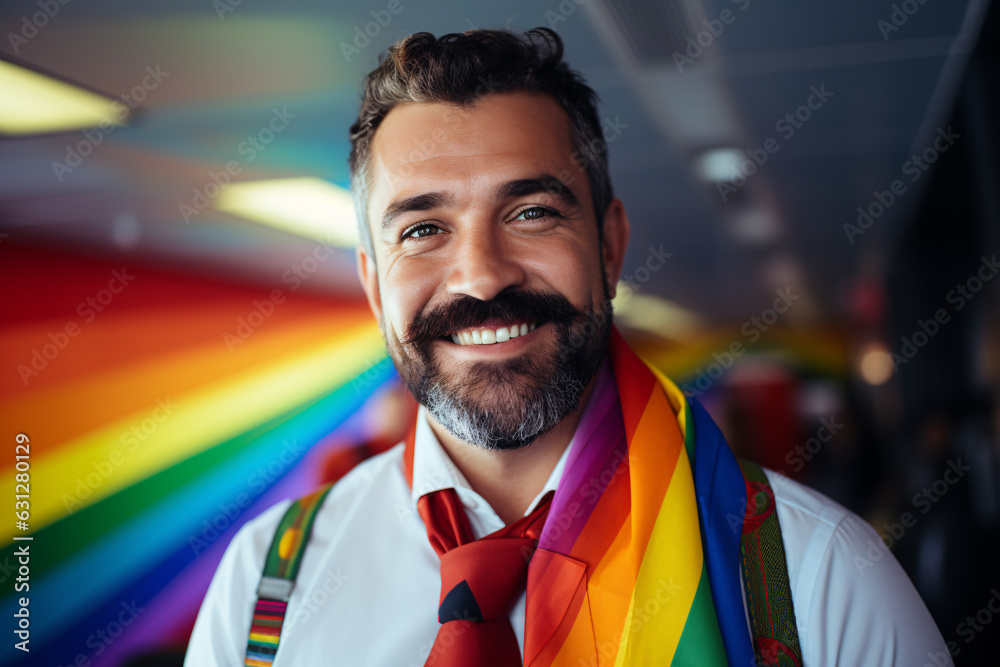 Smiling man with a beard with a pride flag over his shoulder wearing a ...