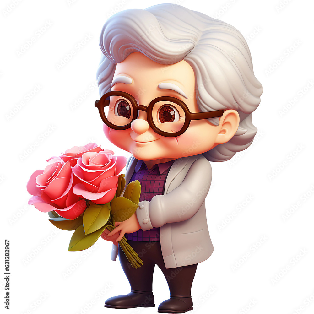 Chibi elderly old grandma with bouquet of red rose flower with modern ...