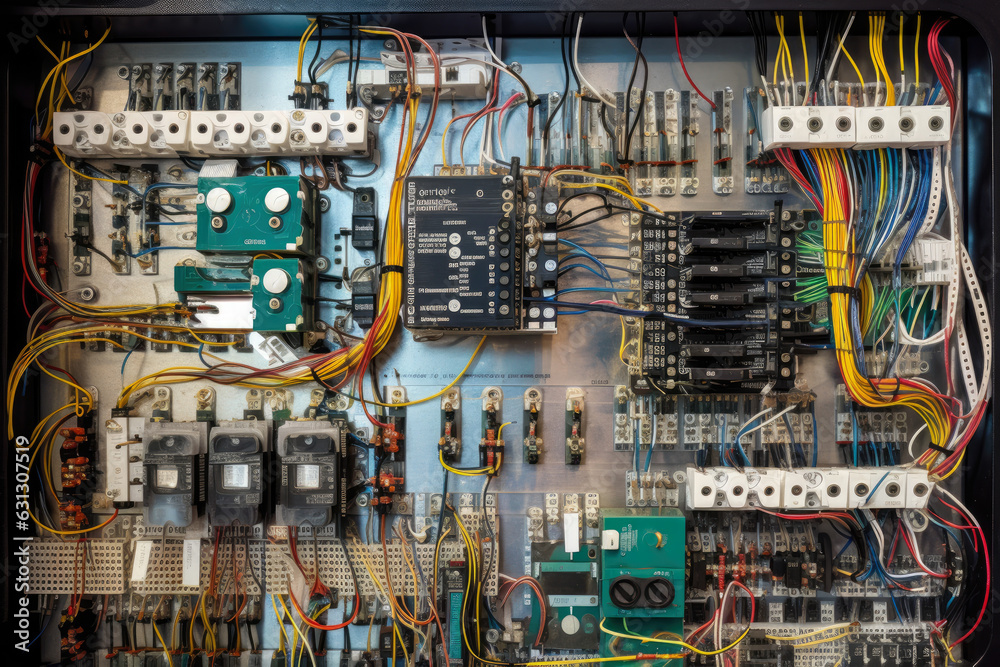 extreme close-up of an electrical panel displaying complex wiring and ...