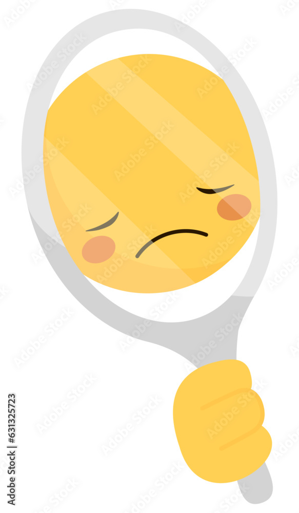 Sad emoji face in a hand mirror. Mirror with handle icon vector.Concept ...