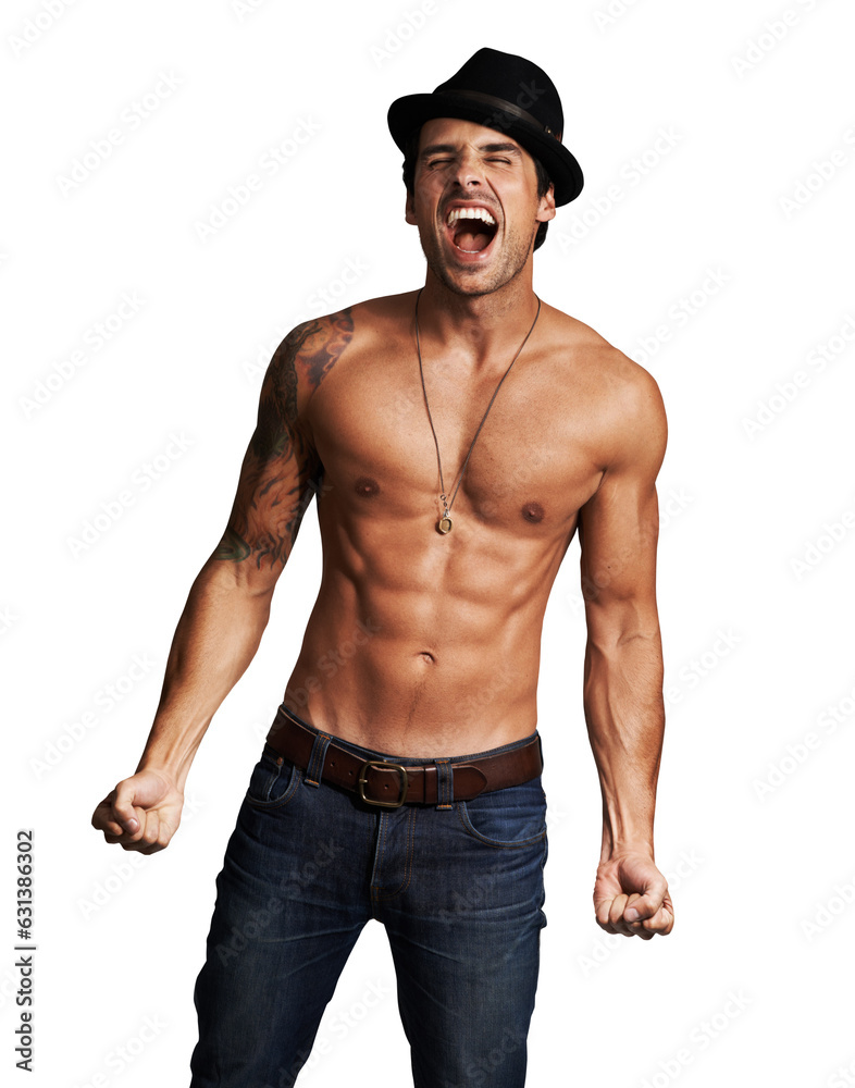 Flex, fitness and topless man screaming on transparent background with ...