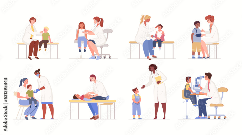Set of plot illustrations of children's medical diagnostics "physician ...