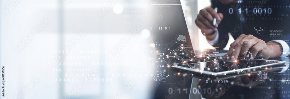 Data exchange, digital technology, cloud computing concept. Computer programmer working with ...