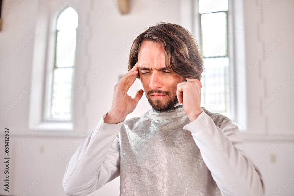 Stress, fencing and challenge with man and headache for pain, thinking ...