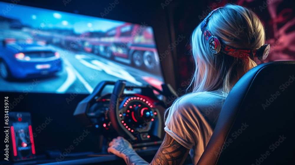 Gamer playing pc game with racing wheel controller. Race simulator with ...