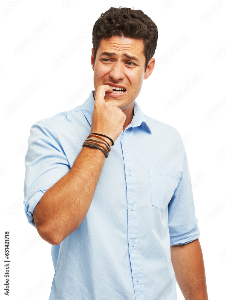 Anxiety, thinking and stress man biting nails, nervous and model ...