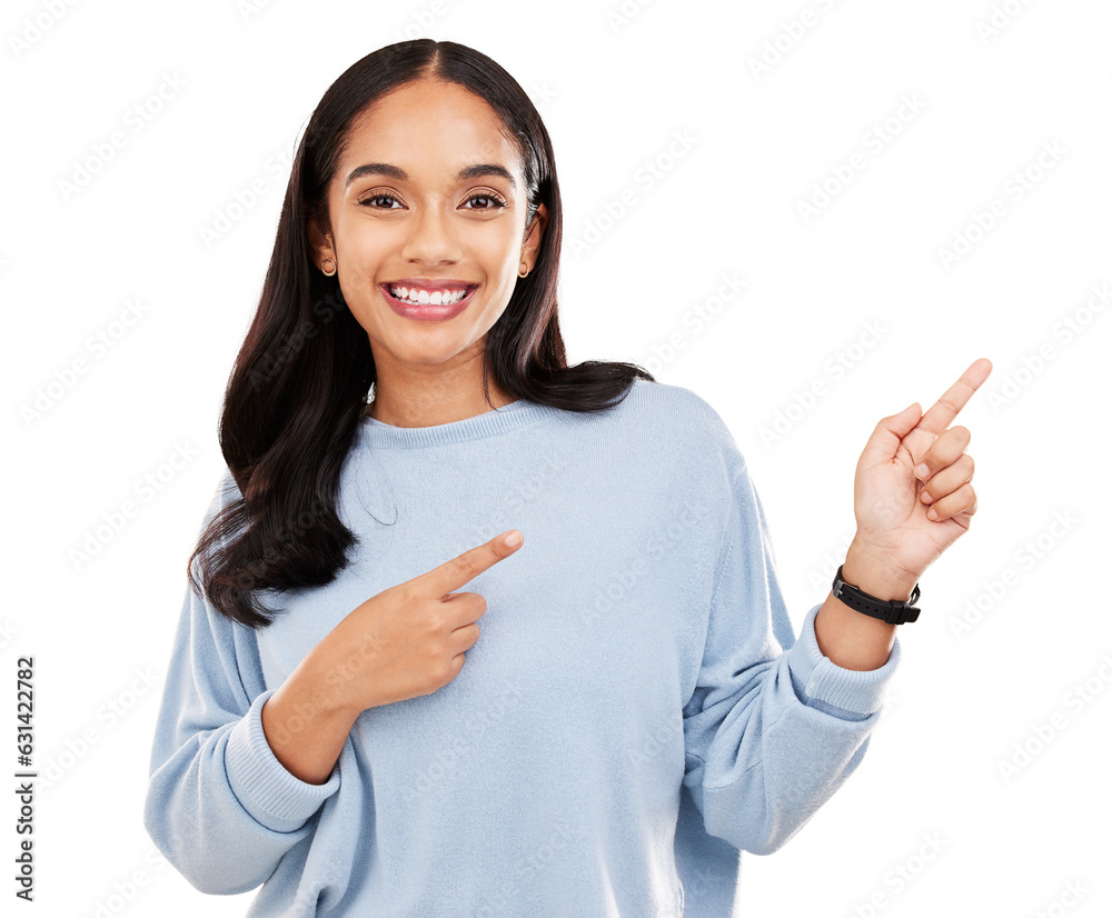Happy woman, portrait and pointing hands for advertising isolated on a ...