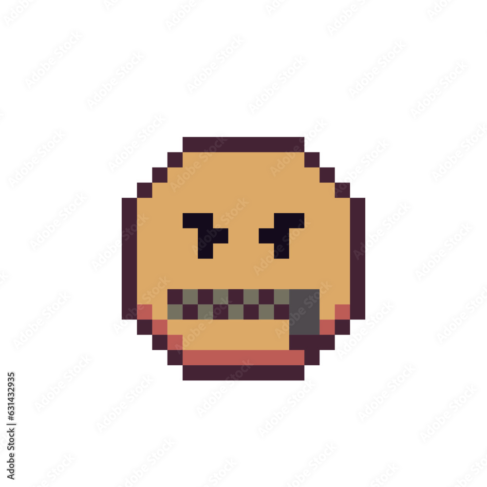 Zipper lips angry evil smiley. Mouth on lock. Pixel art icon. 8-bit ...