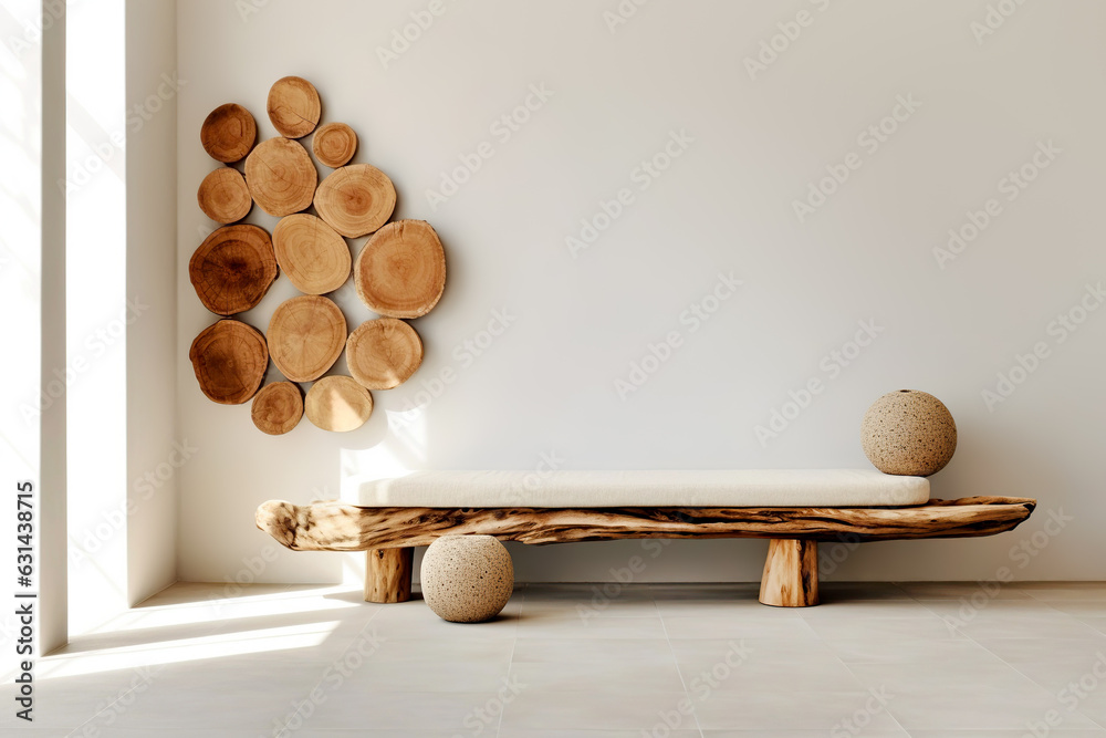 Boho farmhouse home interior design of modern living room. Rustic bench ...