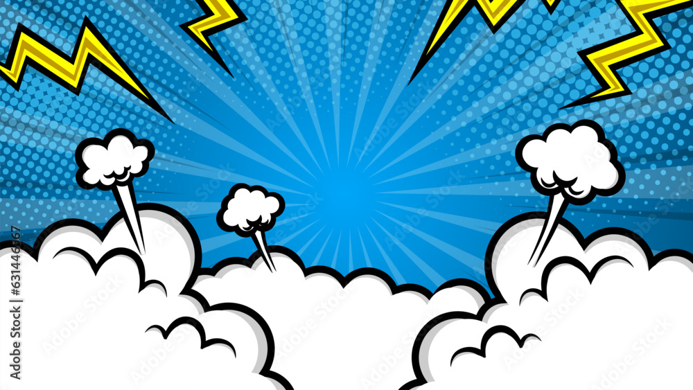 Pop art comic background with clouds and lightning bolts. Cartoon ...