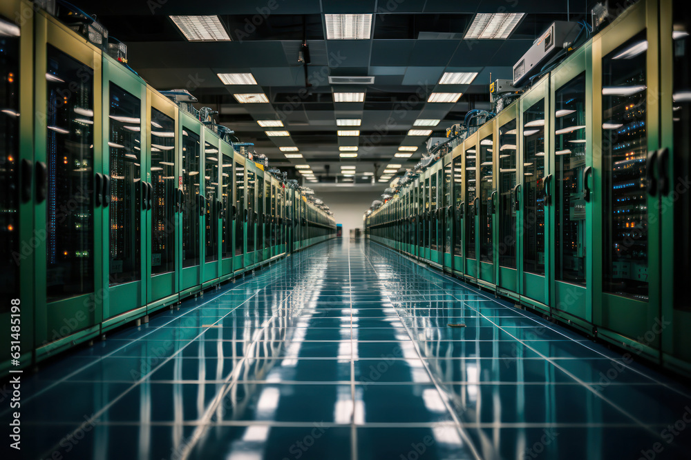 A wide shot of a server farm with rows of racks filled with servers and ...