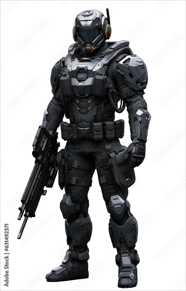 space soldier, futuristic game character hero in armor holds assault ...