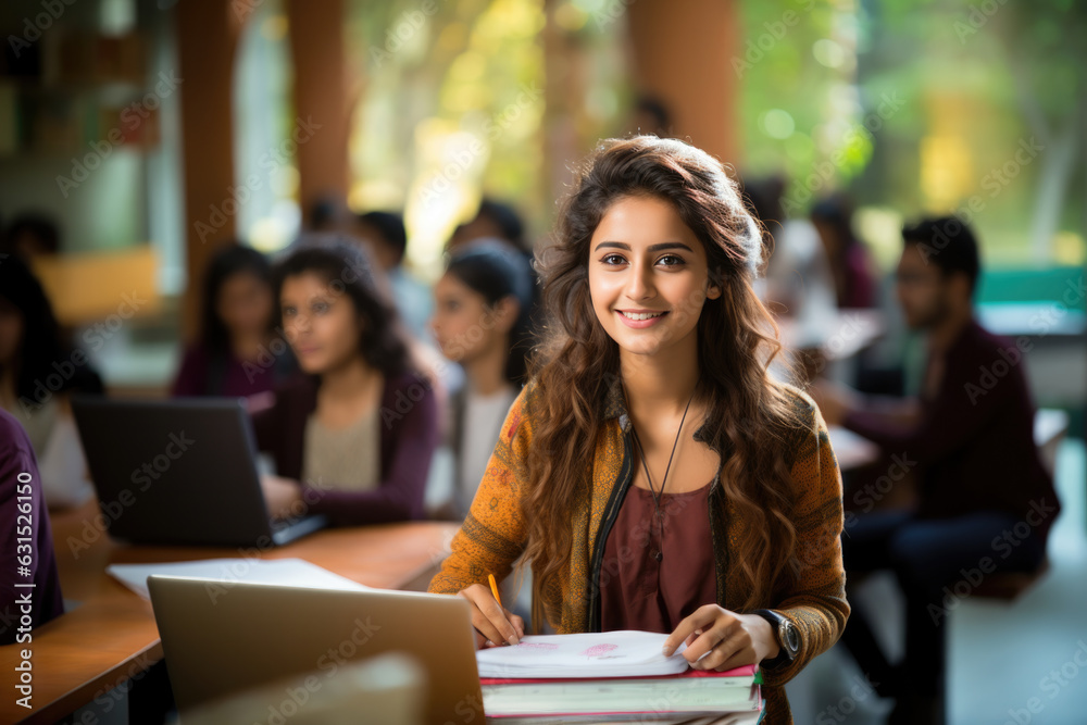 Successful Indian female student with group of college students at ...