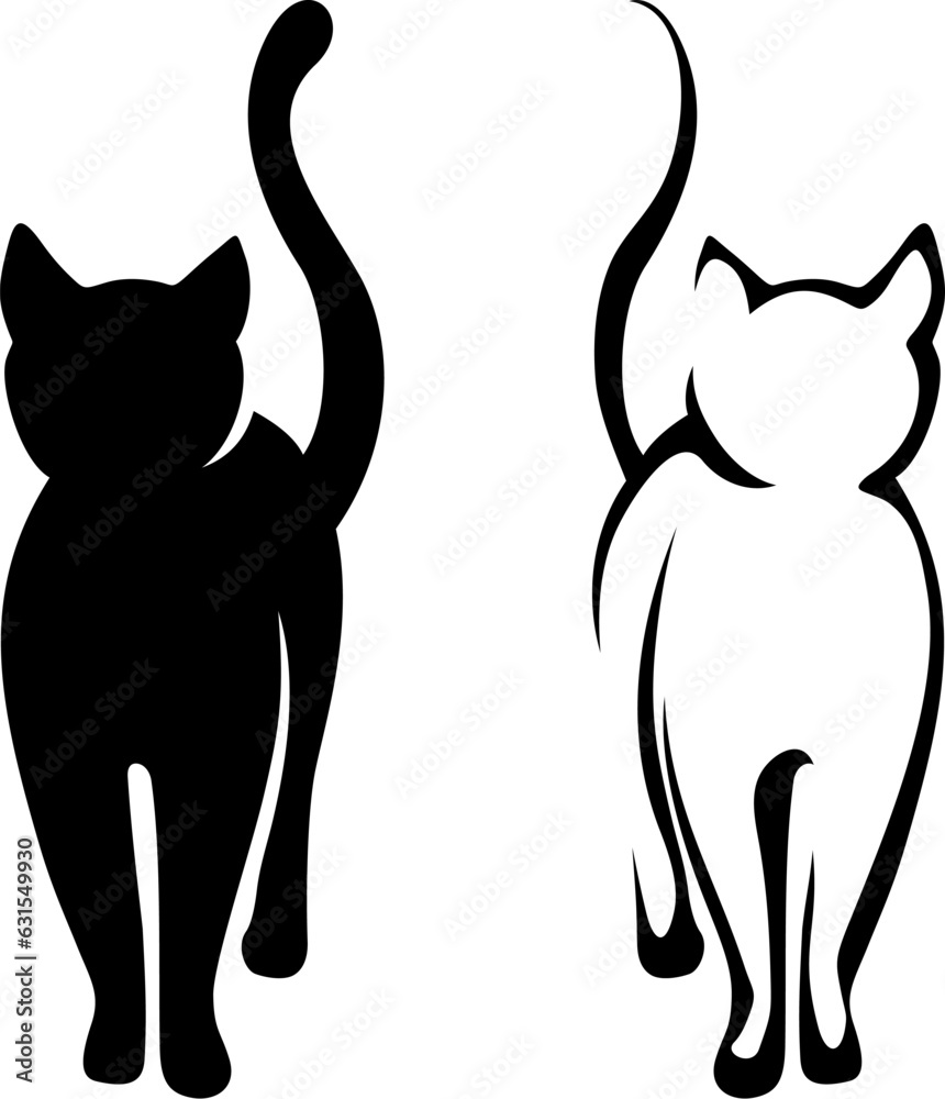 Cats. Black silhouette and contour drawing of a cat isolated on a white ...