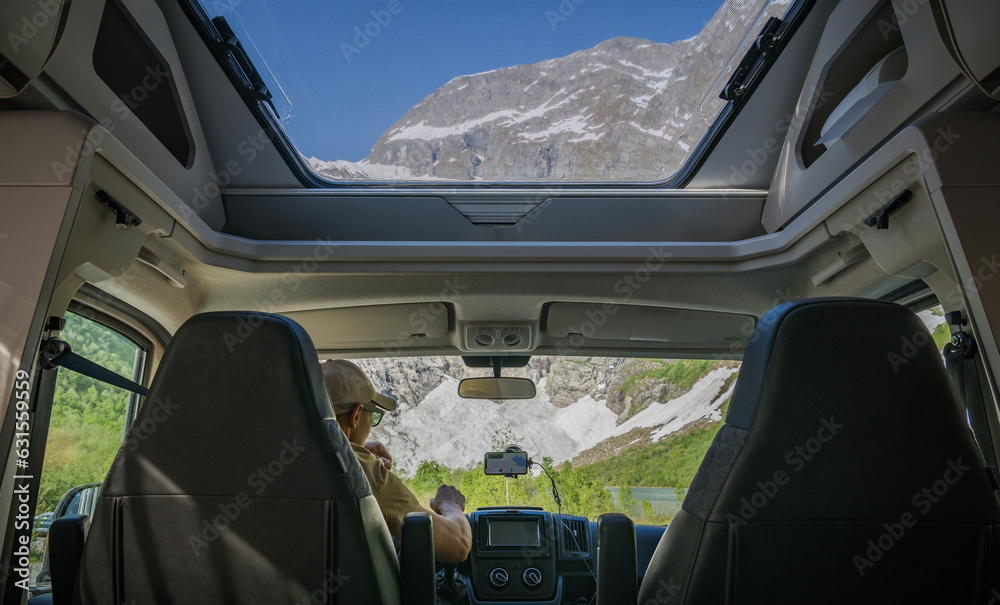 Tourist Inside a Modern Camper Van RV with Panoramic Windows Stock ...