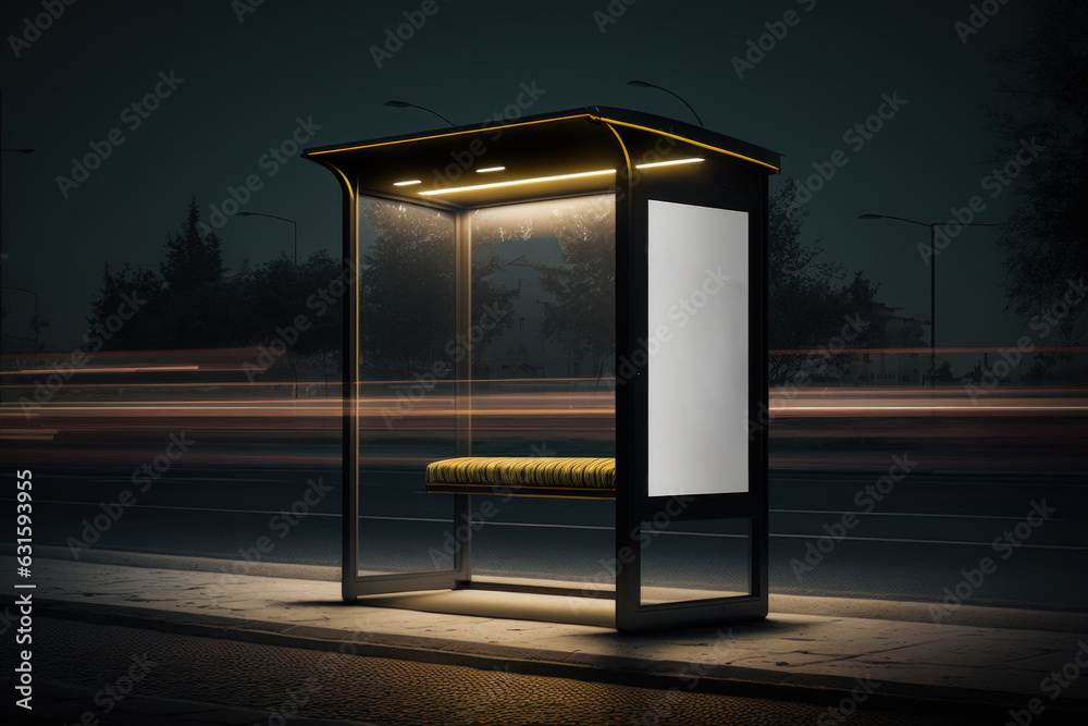 Outdoor Bus Shelter Advertisement Mockup, night urban scene showing a ...