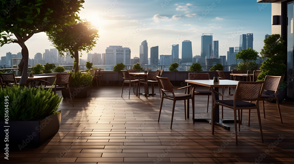 Restaurant terrace roof with tables and chairs overlooking the ...