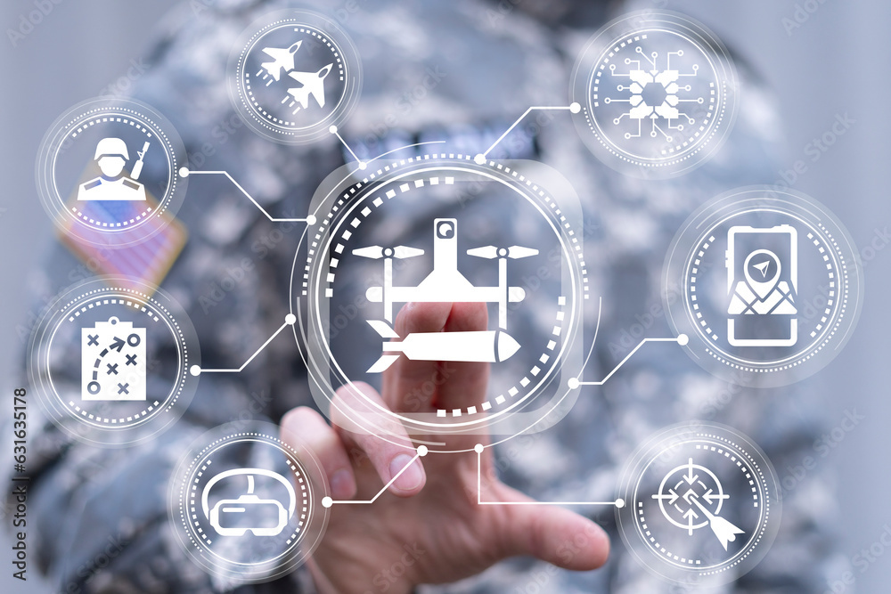 Army engineer or soldier using virtual touch screen presses icon ...